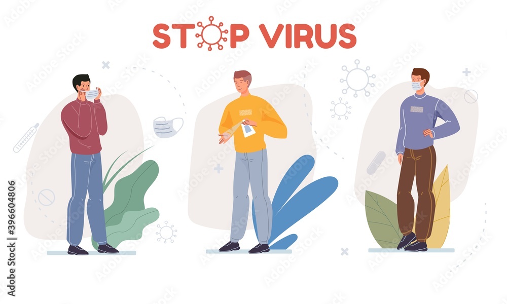 Cartoon flat character shows protective measures against coronavirus ...