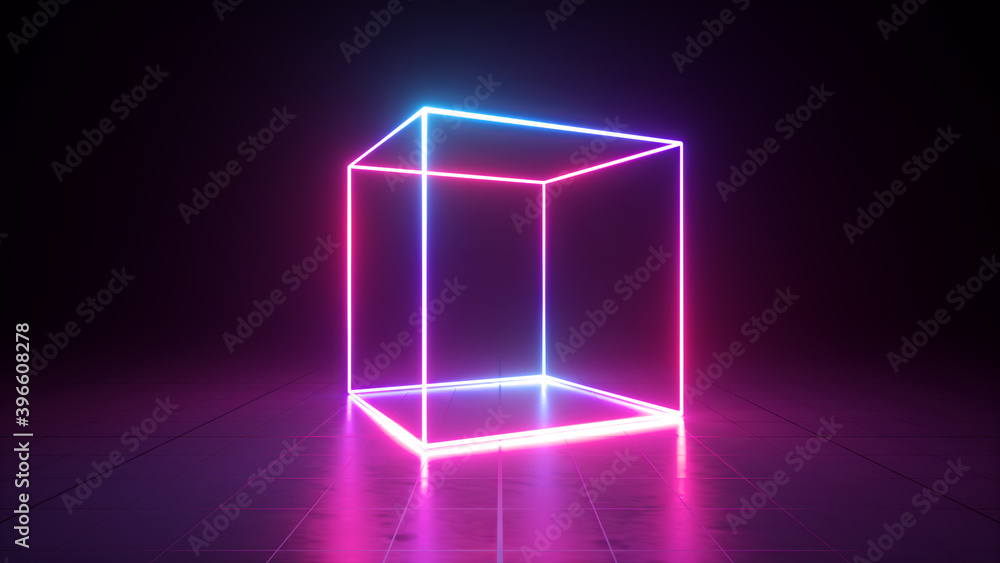 3d render, abstract ultraviolet background, pink violet neon cube ...