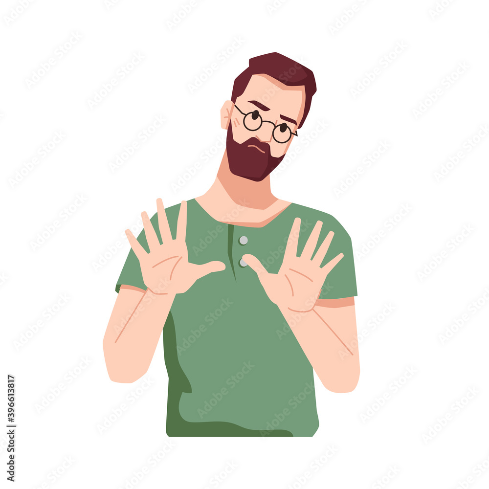 Annoyed or dissatisfied man gesturing expressing denial or warning ...