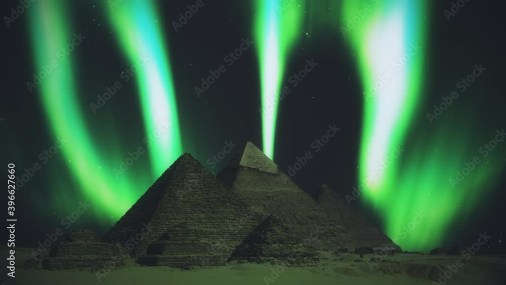 Pyramids of Giza in Egypt with Northern Lights Animation. Green Lights ...