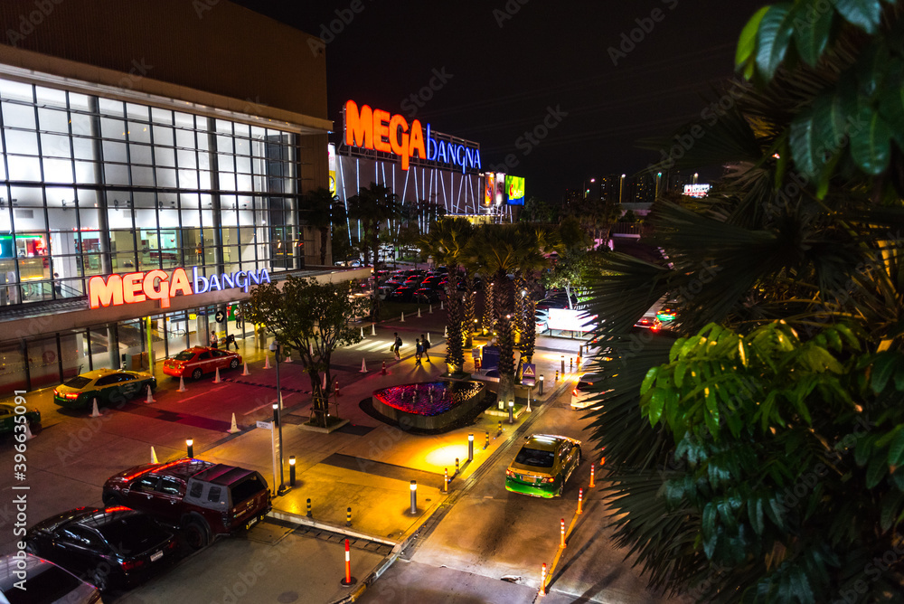 Mega Bangna Shopping Mall exterior at night with a street in front of ...