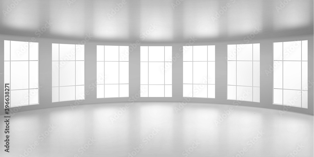 Empty round room, office with large windows, white ceiling and floor ...
