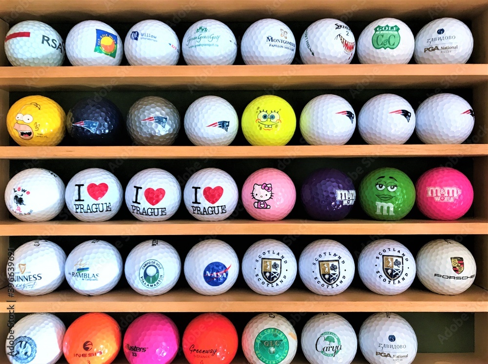 Moscow, Russia, July 2019: Collection of multi-colored Golf balls with ...