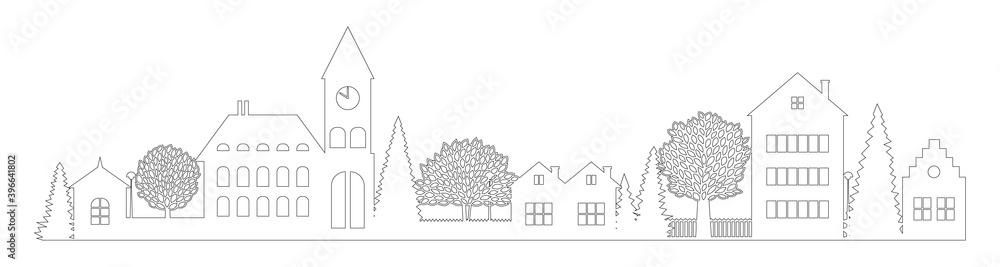 Small Town silhouette cutout skyline with chapel houses trees black ...