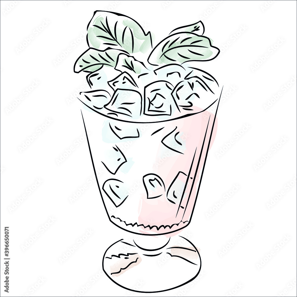 glass drink with ice. black outline. coloring. menu design. cocktail ...