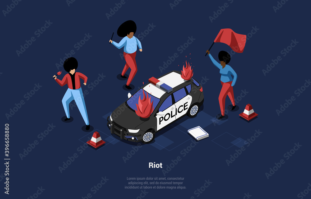 Vector Conceptual Art On People Riot Idea. 3D Isometric Illustration In ...