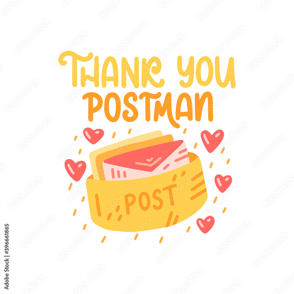 Thank you postman - cute colorful vector doodle with lettering for mail ...