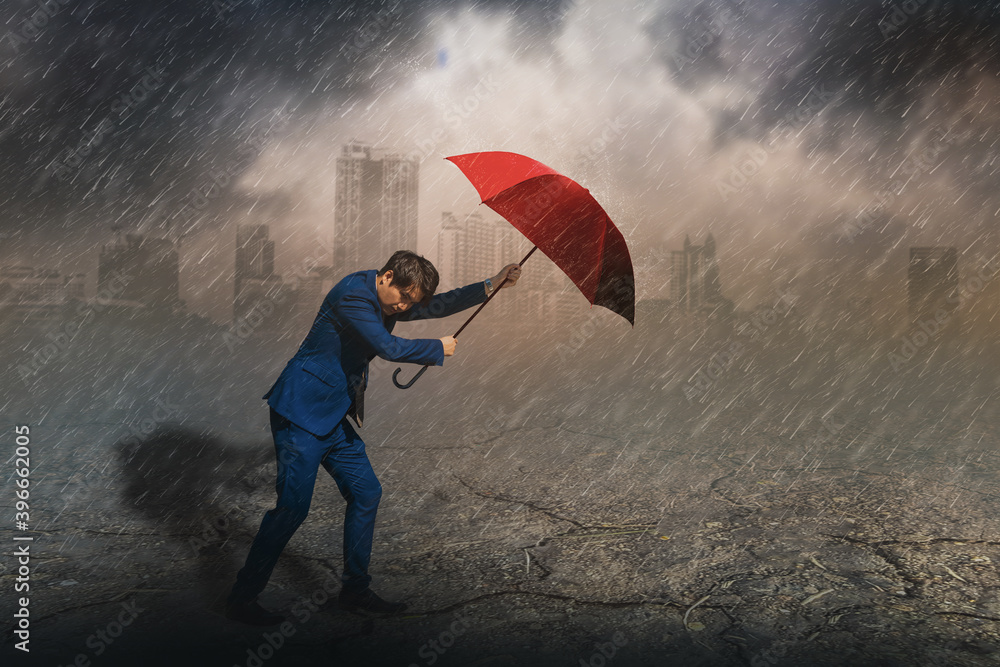 Young asian businessman standing holding red umbrella protection,rain ...