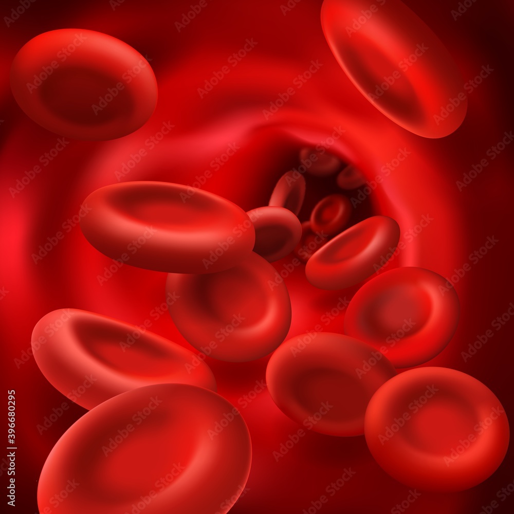 Red cells in blood vessel, 3d vector hemoglobin, hematology medicine ...