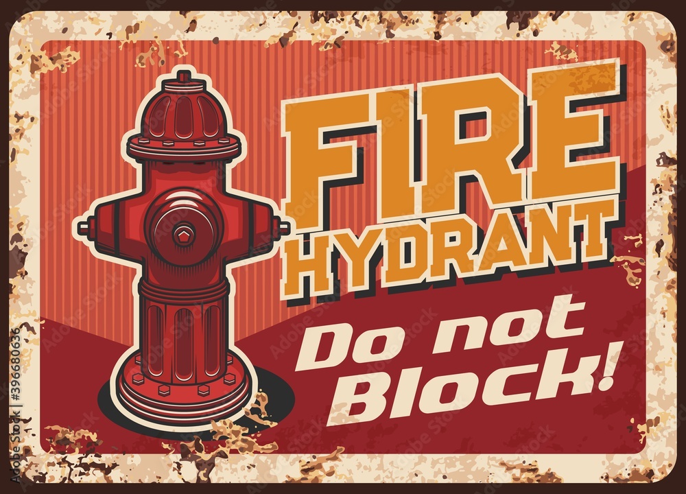Parking ban near fire hydrant warning rusty metal plate. Street fire ...