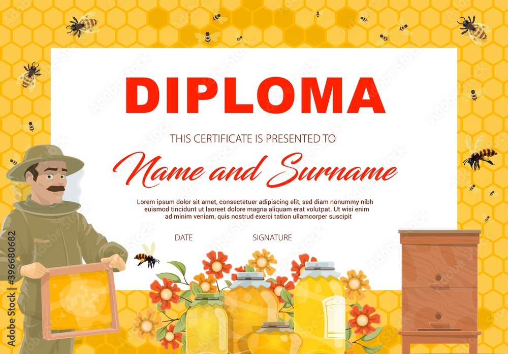 School diploma, certificate vector template with honey, beekeeper with ...