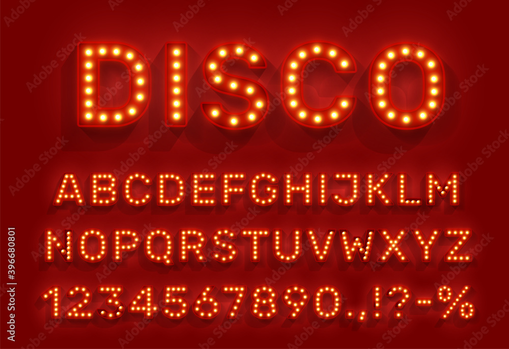 Disco type font with glowing light bulbs, vector alphabet letters ...