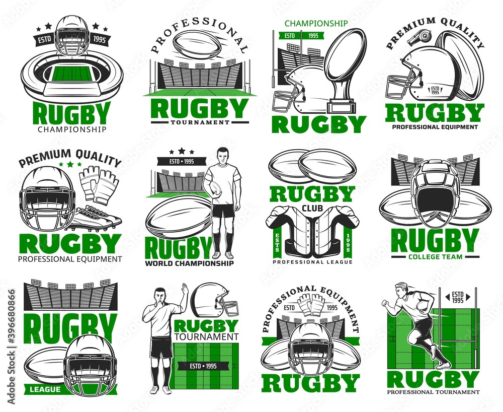 Rugby sport vector icons. American football game isolated signs ...