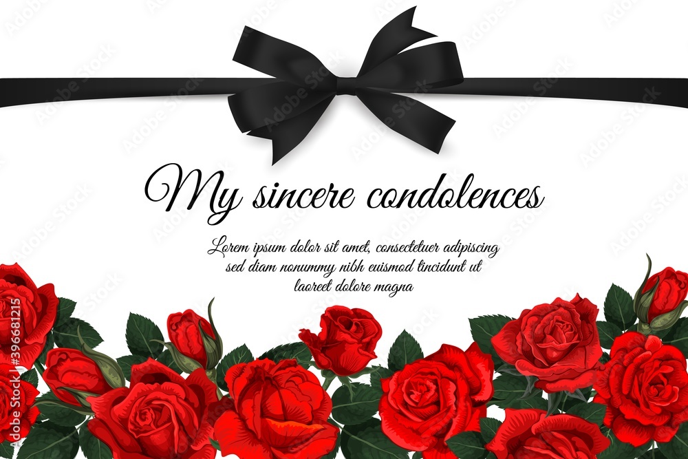 Funereal card with mourning ribbon and roses. Obituary poster ...