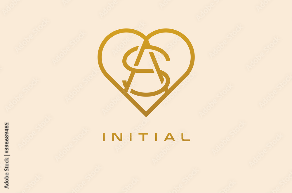 Abstract initials A and S logo, gold colour line style heart and letter ...