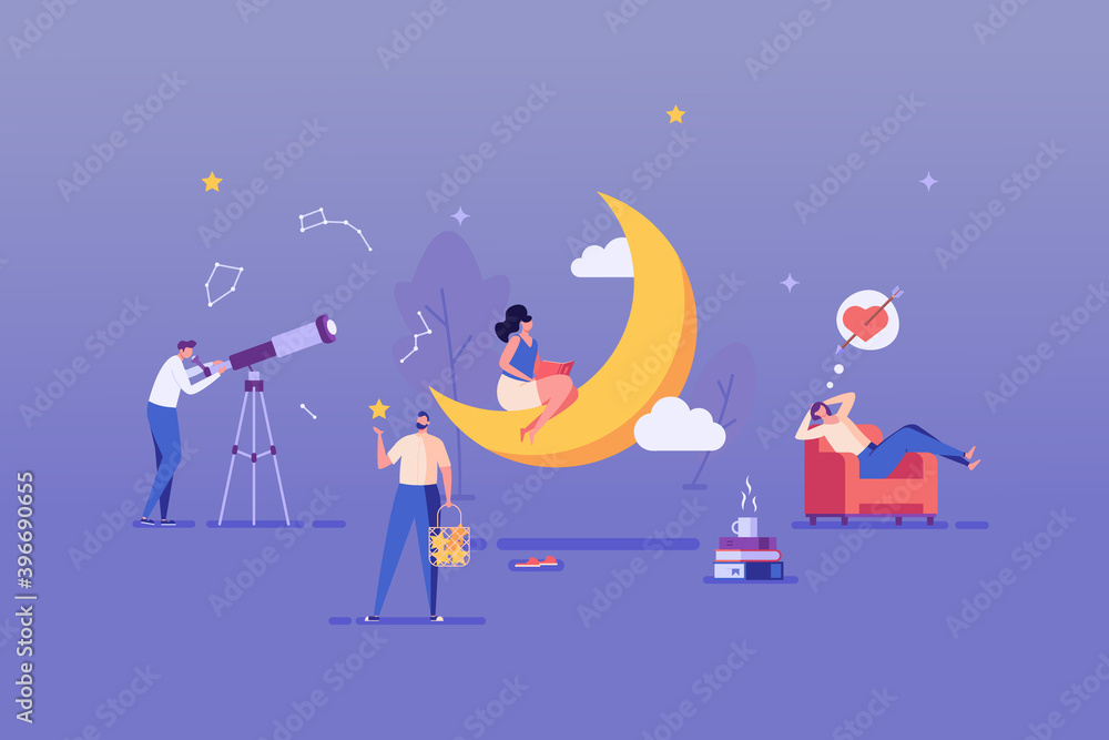 Dreamy people dreaming and making wish. Astronomer watching ...