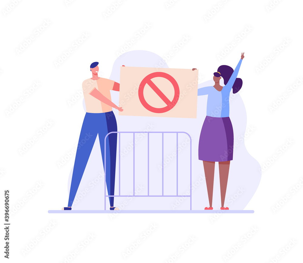 Man and woman with a placard, stop sign. Concept of protest, stopping ...