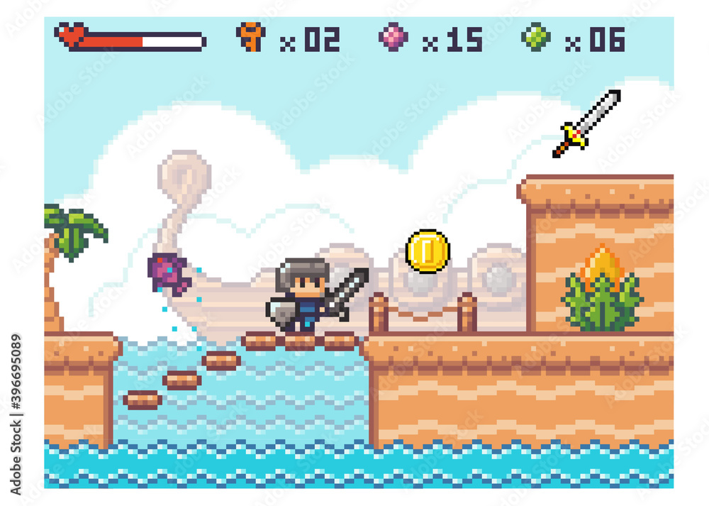 Pixel computer game interface. Knight wear armor is climbing the stairs ...