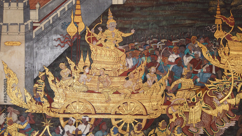 Ancient mural painting with scene from the Ramakien at Wat Phra Kaew ...