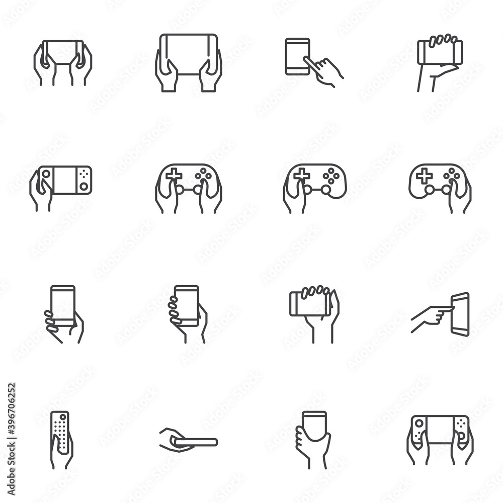 Hand using gadget line icons set, outline vector symbol collection ...