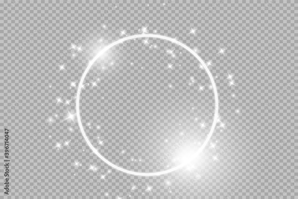 Vector light ring. Round shiny frame with lights dust trail particles ...