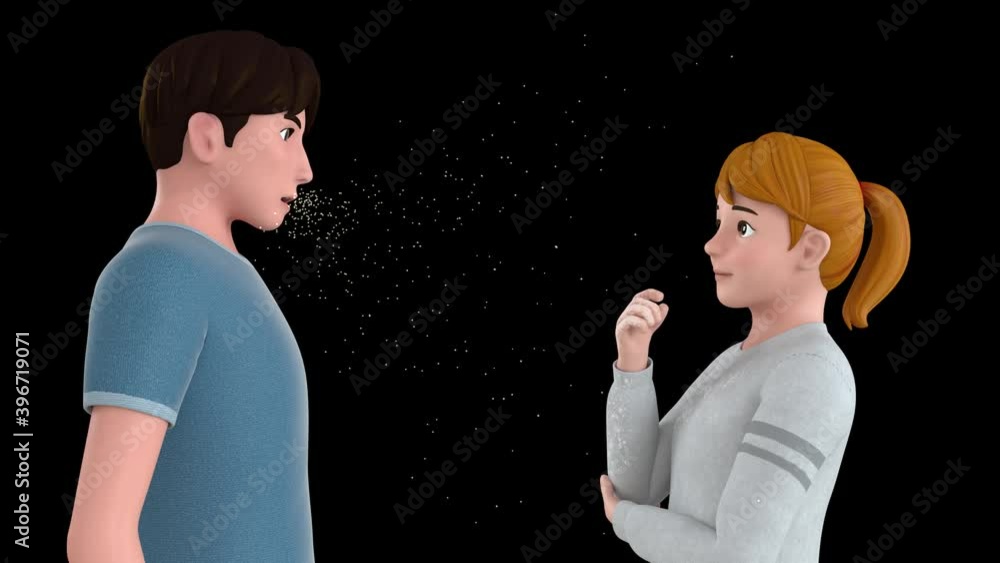 A man spitting a lot of droplets and a woman stand near and far for ...