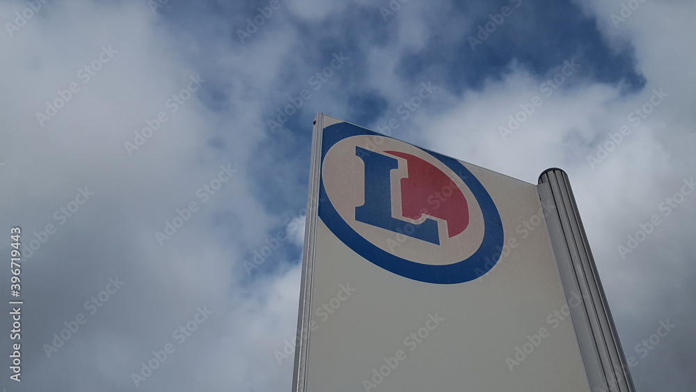 E.Leclerc logo and sign front of supermaket hypermarket on leclerc ...