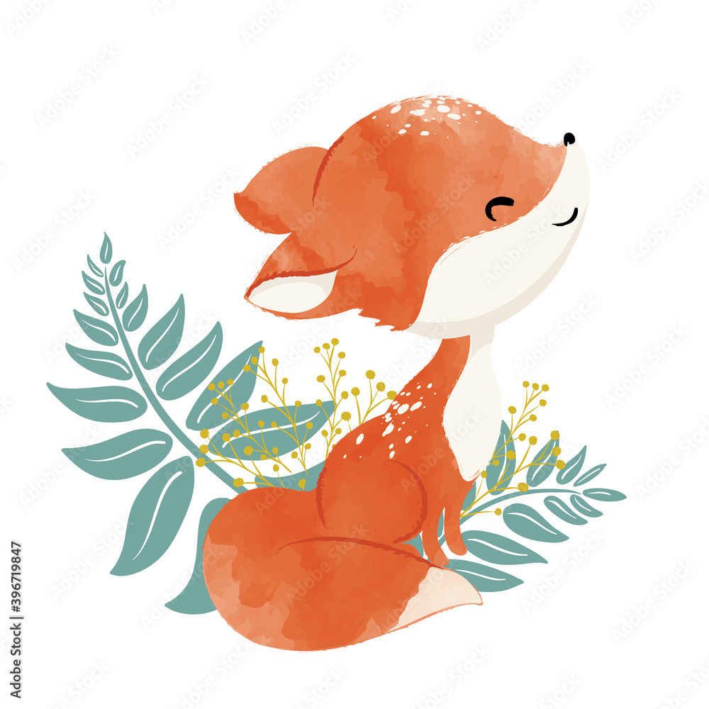 cute fox with leaves, vector illustration, children artworks Stock ...