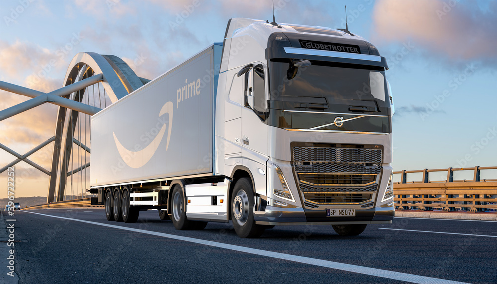 Volvo truck with a trailer bearing the Amazon Prime logo Photos | Adobe ...