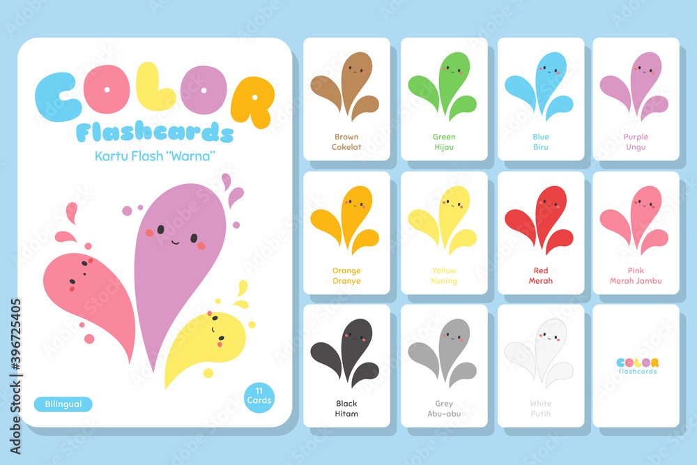 Color bilingual flashcards vector set. Cute color educational ...
