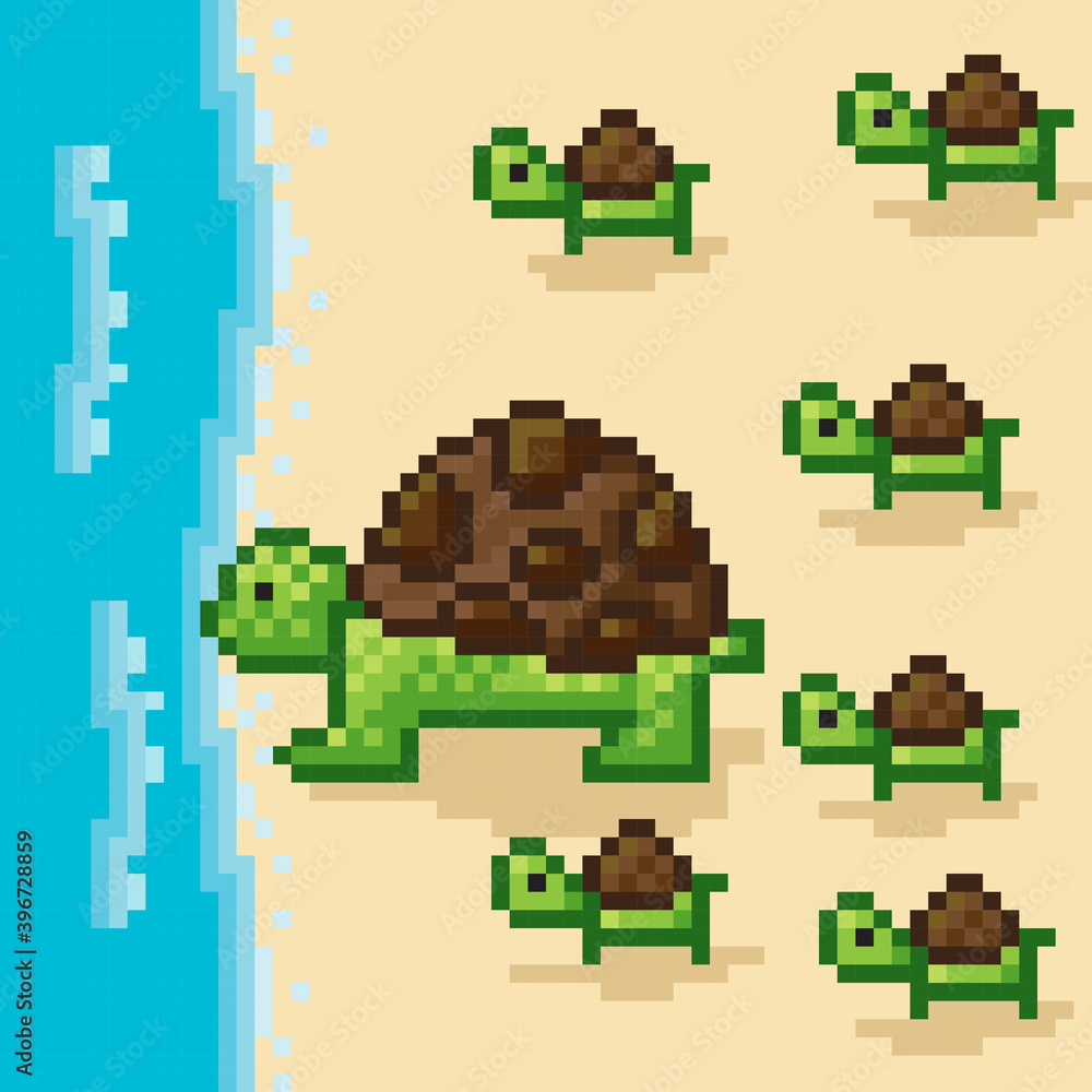 Sea turtle pixel art. Vector picture. Turtles and baby turtles into the ...