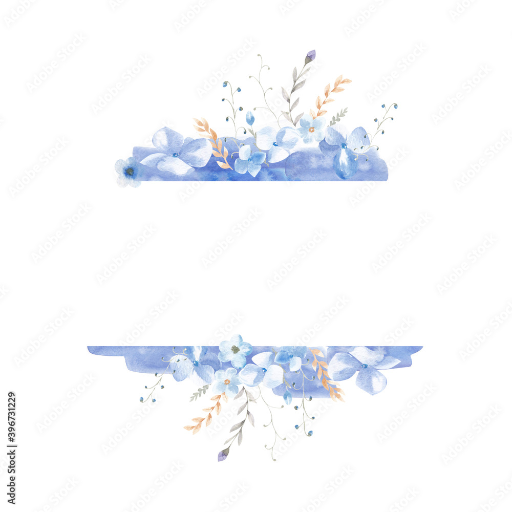 Watercolor blue flower border. Hand painted flowers and herbs on a ...