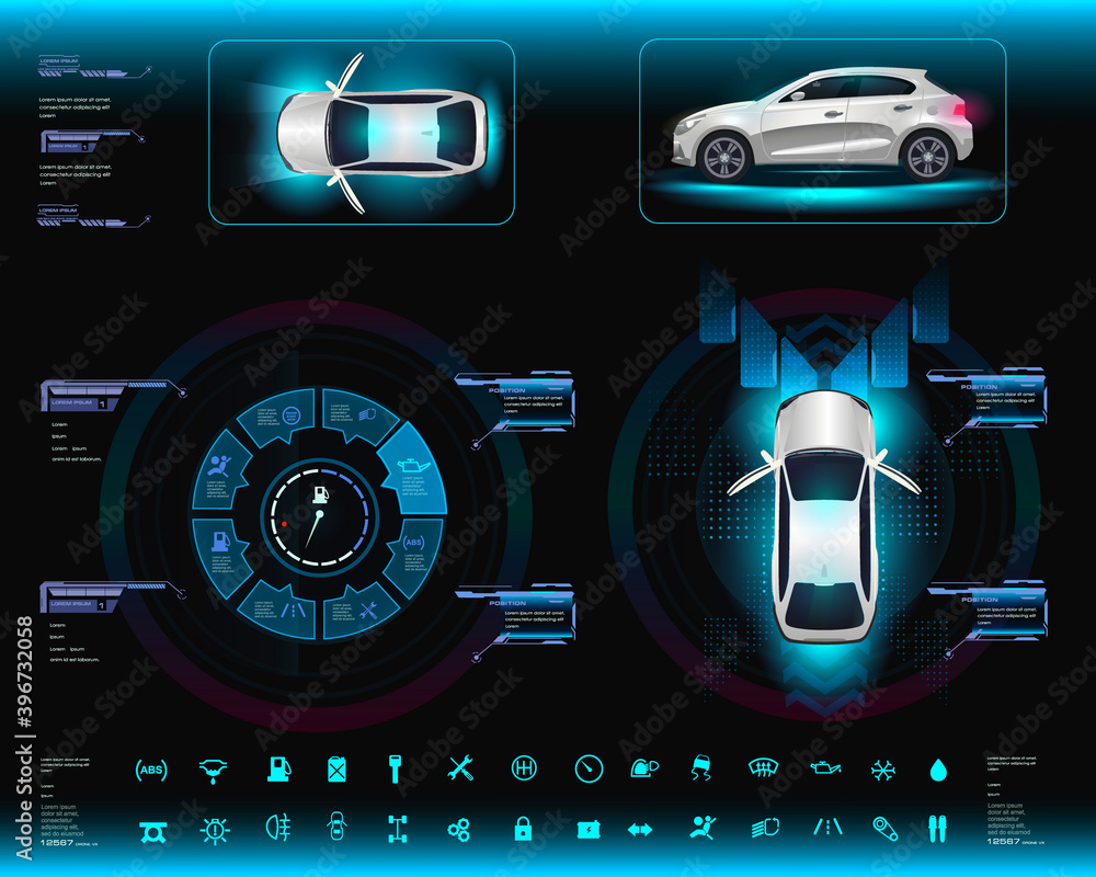 Holographic panel depicting realistic car with parameters, options and ...