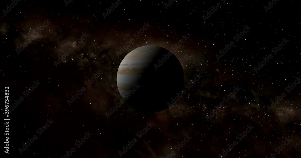 planet Jupiter spinning and sun rise. front view of Jupiter planet from ...