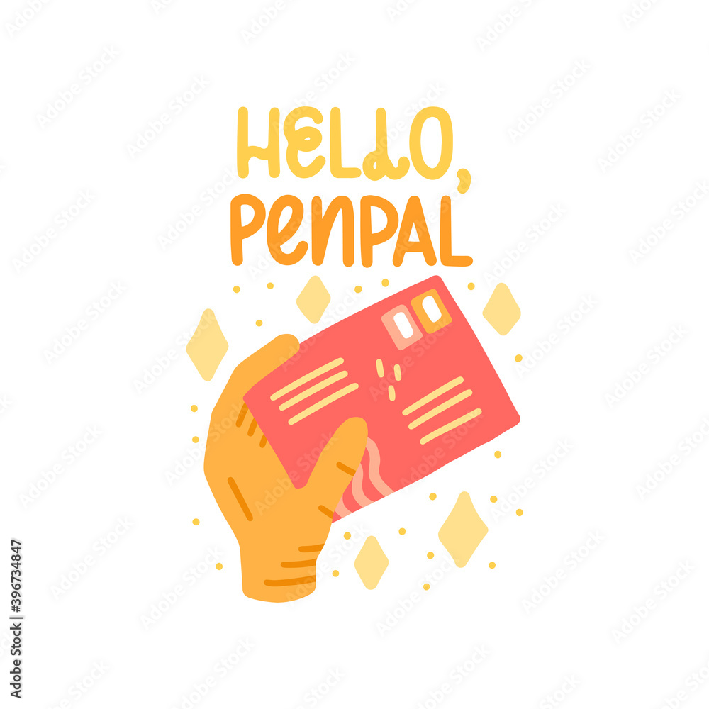 Hello penpal - cute colorful vector doodle with lettering for mail ...