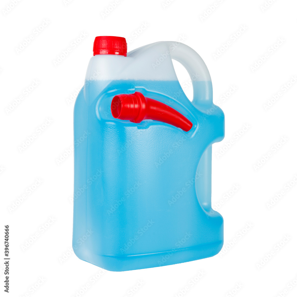 Blue windshield washer fluid in canister isolated on white background ...