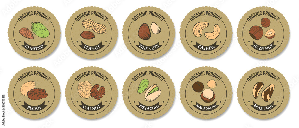 Packaging label for nuts. Vector set of round stickers. Craft paper ...