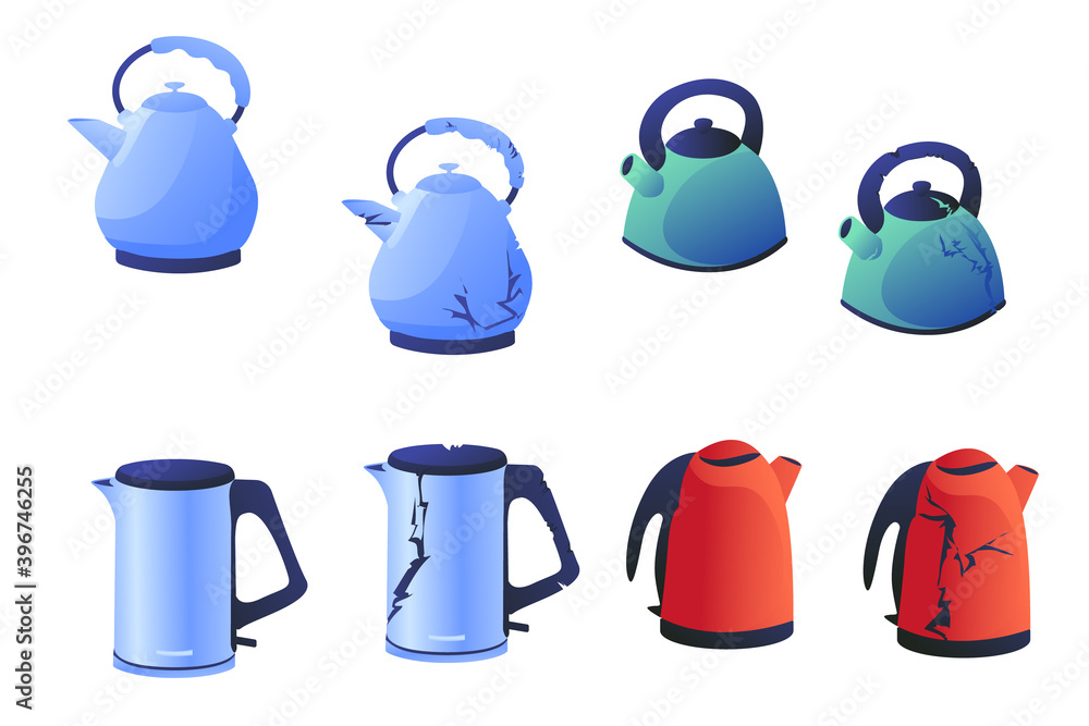 Set of illustrations of a modern teapot, broken kitchen appliances on a white background. A ...