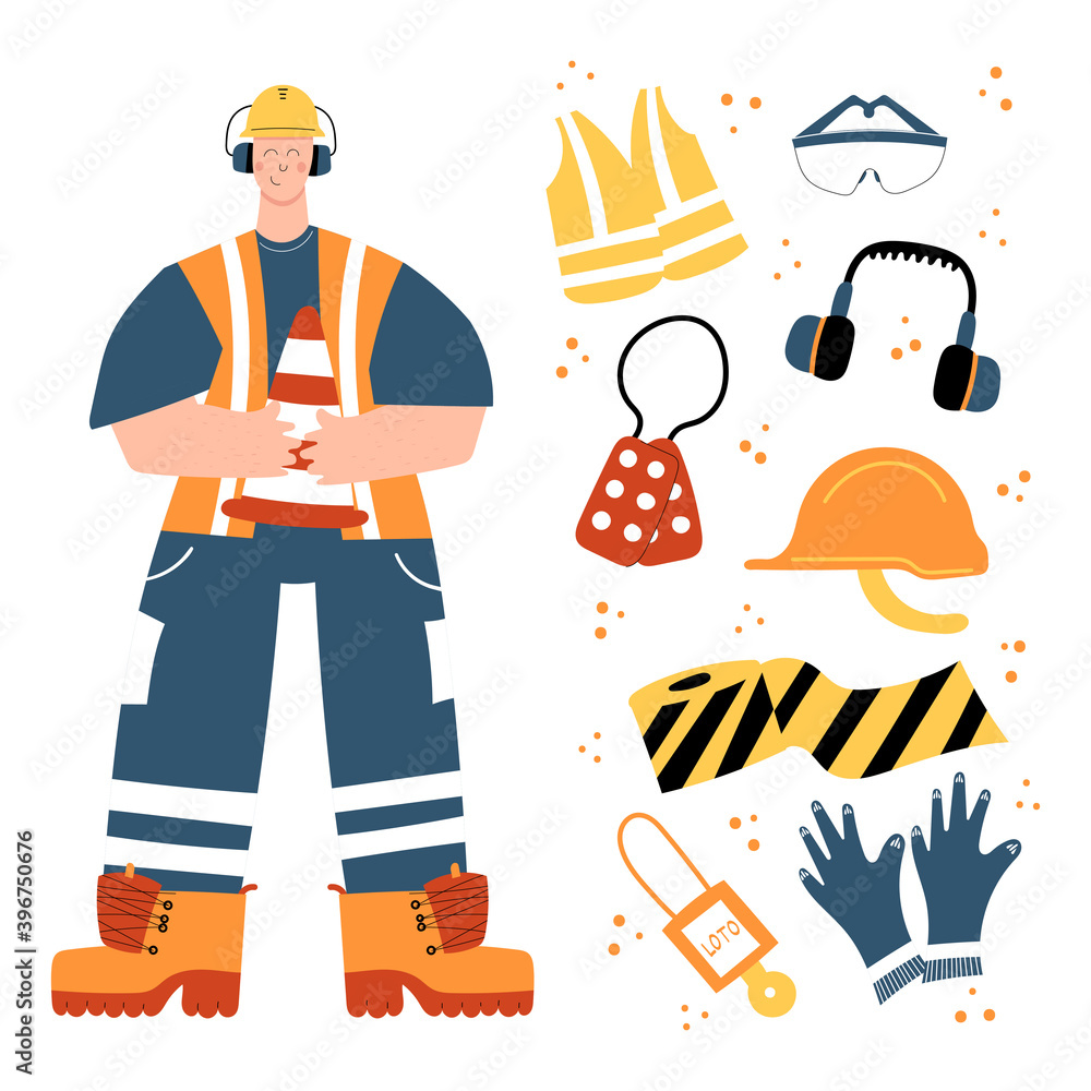 Construction or factory worker wearing hard hat, earmuffs, high ...