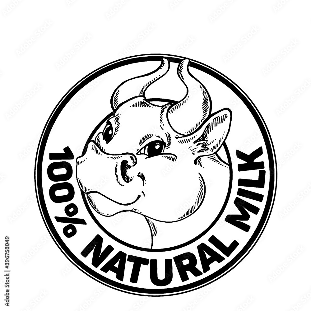 Cows head. Natural Milk. Dairy farm. Vintage vector engraving ...