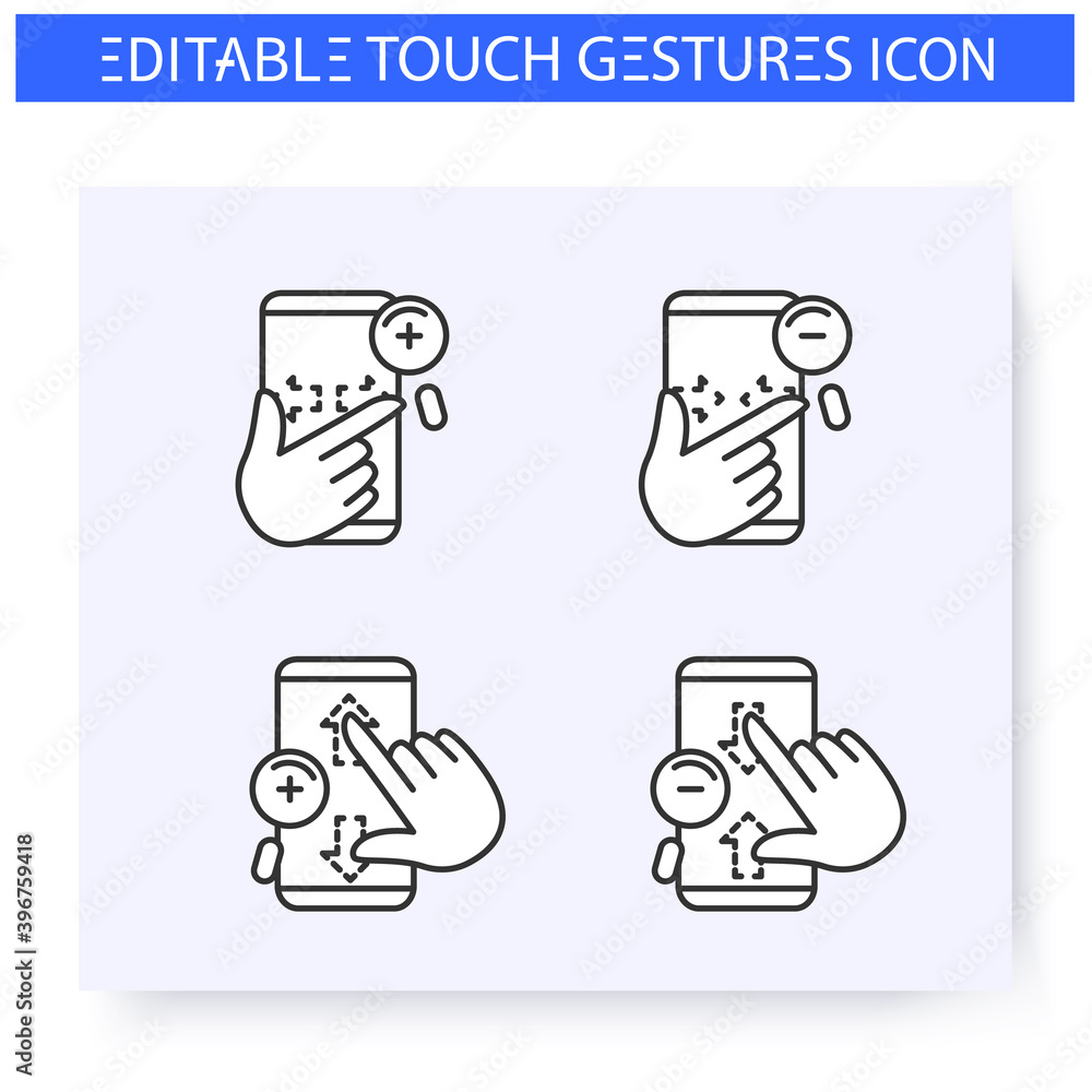 Zoom hand gestures line icons set.Vertical and horisontal zoom.Pinch ...