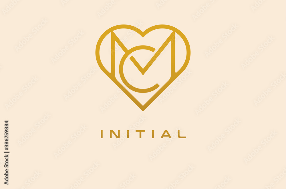 Abstract initials C and M logo, gold colour line style heart and letter ...