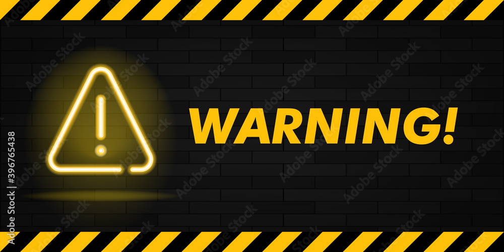 Warning neon text and triangle sign with exclamation mark. Caution ...