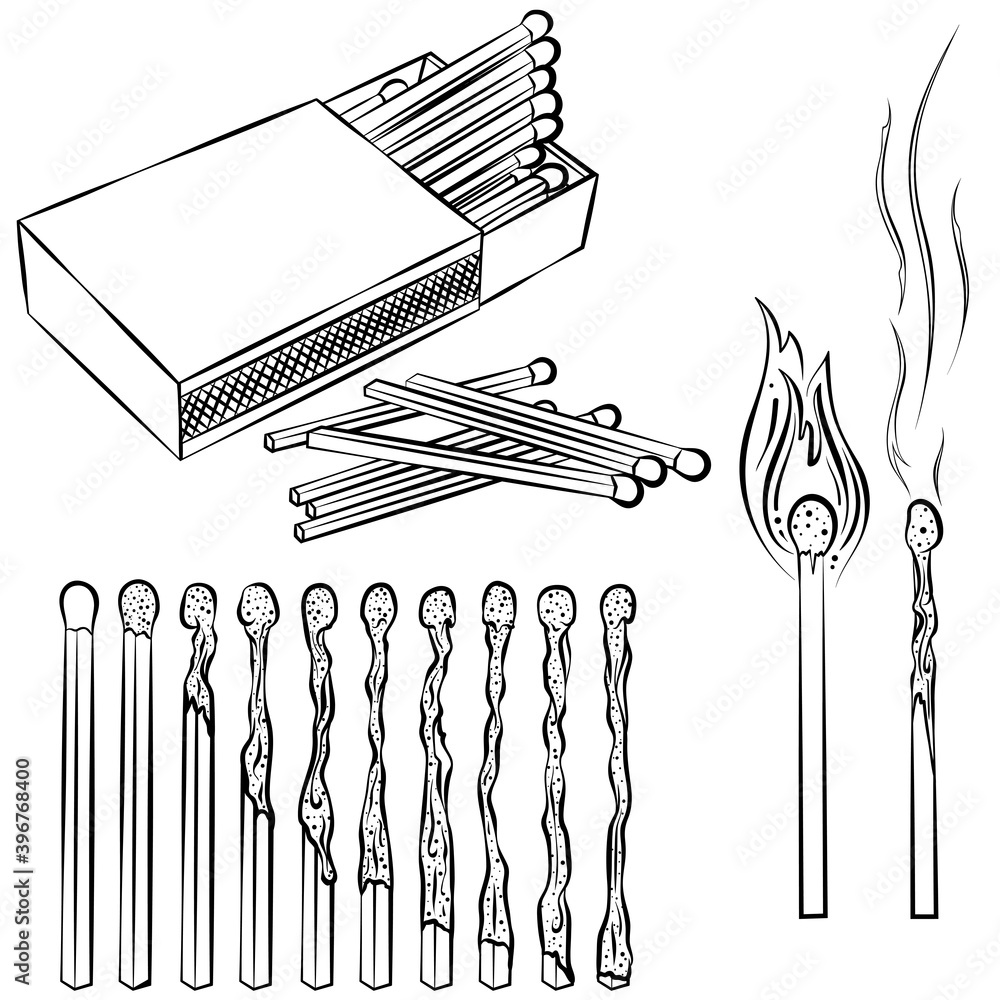 Set of matches. Burning match with fire, burnt matchstick, opened match ...