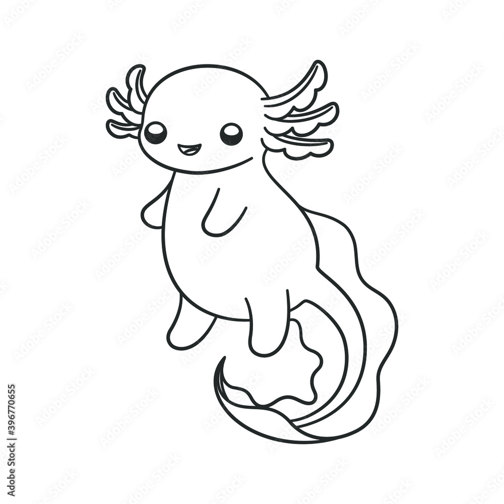 Happy axolotl outline line art cartoon vector illustration. Cute ...