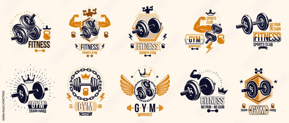 Gym fitness sport emblems and logos vector set isolated with barbells ...