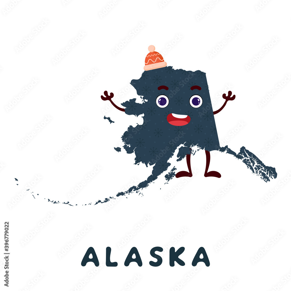 Cute cartoon Alaska state character clipart. Illustrated map of state ...
