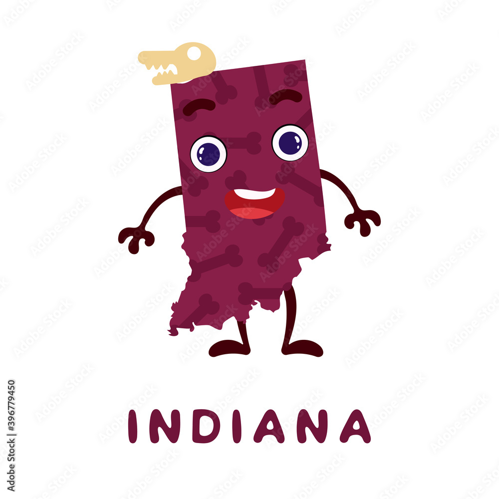 Cute cartoon Indiana state character clipart. Illustrated map of state ...