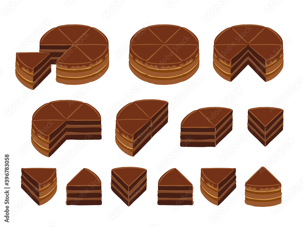 Pieces of chocolate cake. Infographic diagram set. The whole cake and ...
