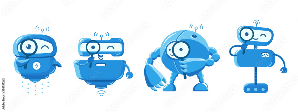 Robot search mascot and loupe. look for the information. With ...